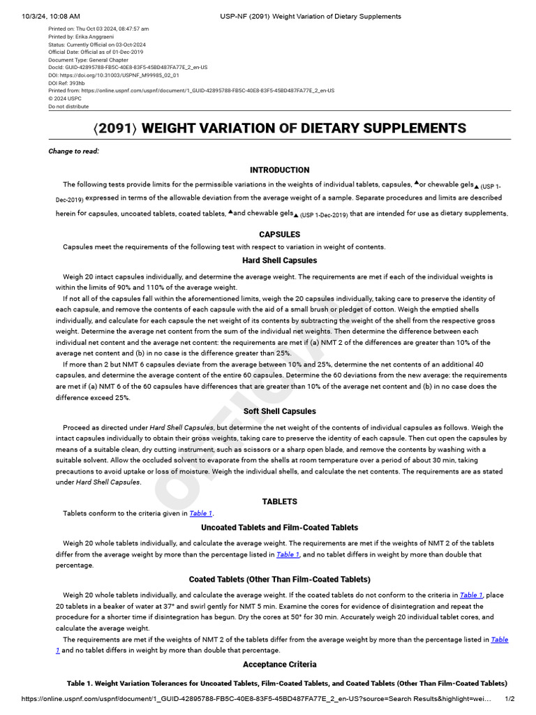 USP-NF 2091 Weight Variation of Dietary Supplements | PDF | Tablet ...