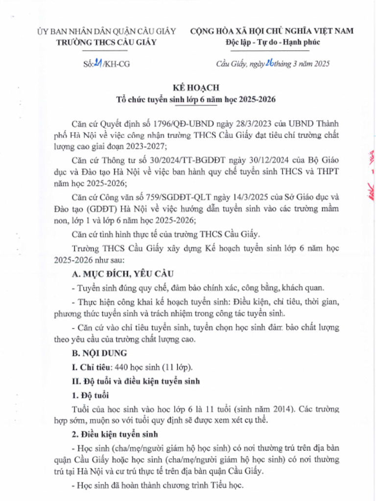 Ke Hoach Tuyen Sinh Nam Hoc 2025 2026 | PDF