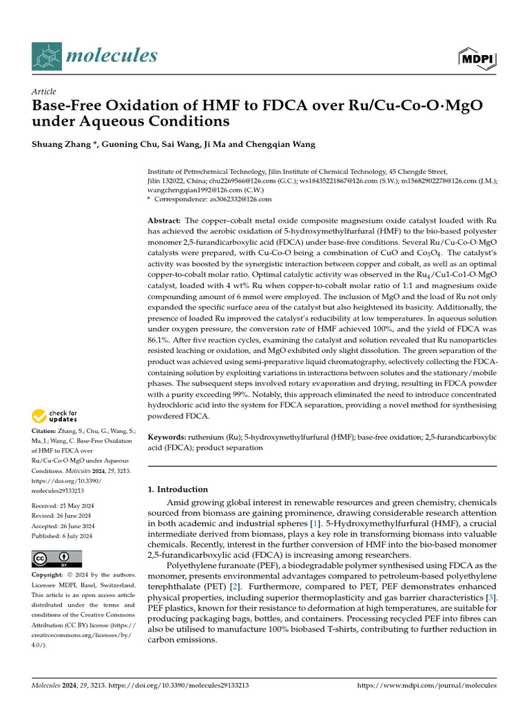 Base-Free HMF to FDCA Oxidation Process | PDF | Catalysis | Chemical ...