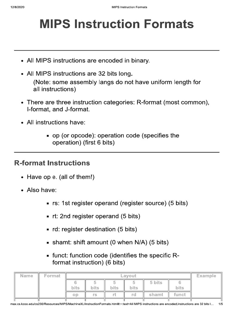 MIPS Instruction Formats | PDF