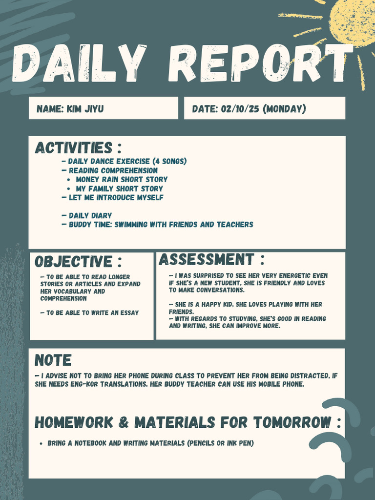 Daily Report for Student Kim Jiyu | PDF