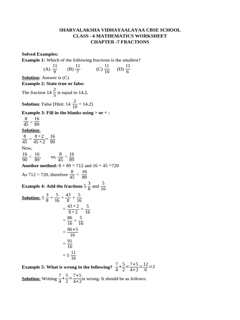 Class 6 Fractions Worksheet | PDF | Mathematics | Arithmetic