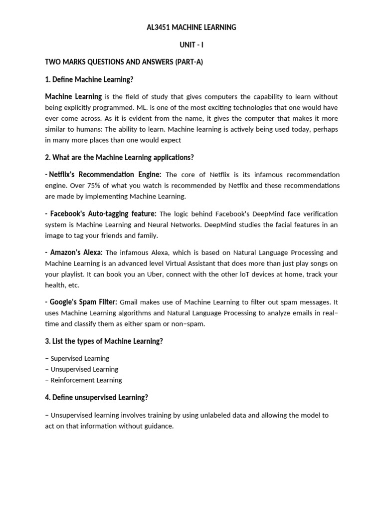 Machine Learning - AL3451 - Important Questions With Answer | PDF ...