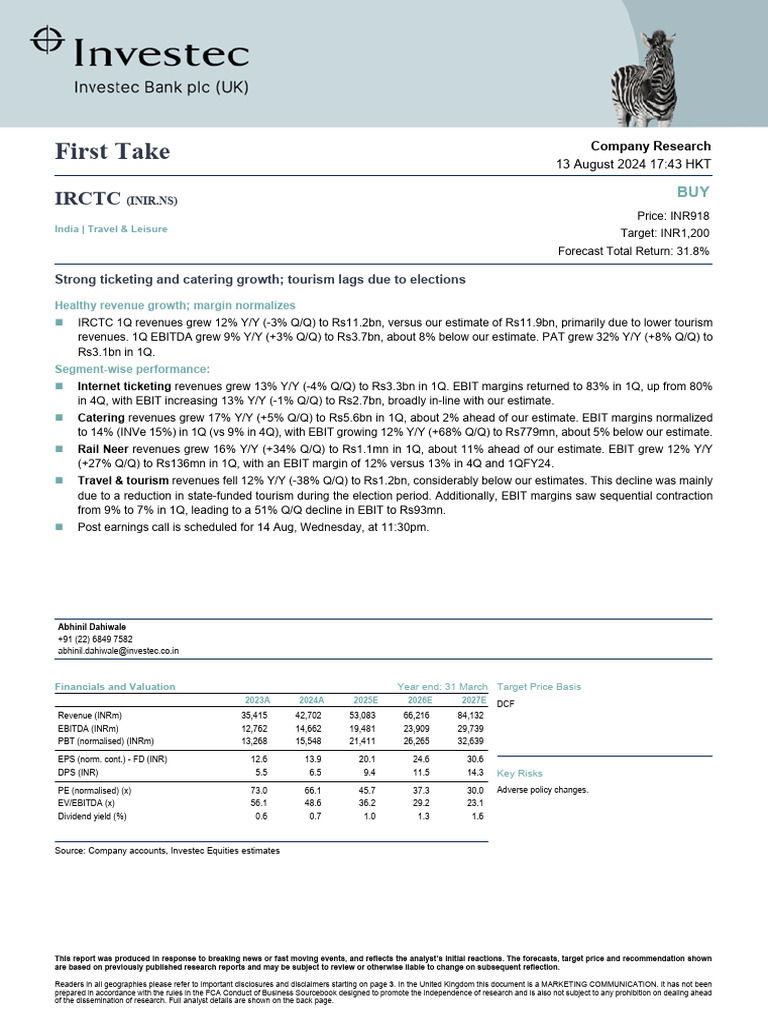 Investec Irctc Q1fy25 Review | PDF | Stocks | Securities (Finance)