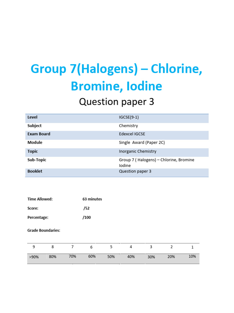 Group 7 (Halogens) - Chlorine, Bromine, Iodine (2C) Solved | PDF ...