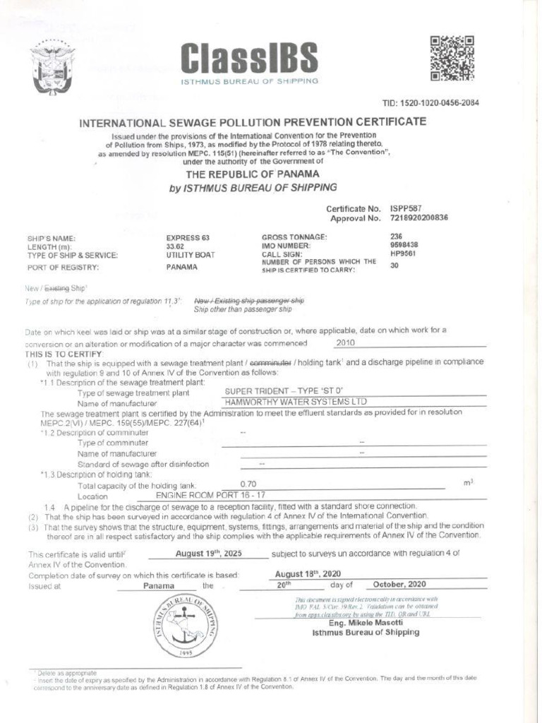 11.e63-International Sewage Pollution Prevention Certificate | PDF