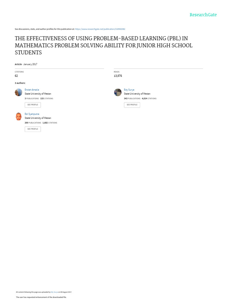 The Effectiveness of Using Problem Based Learning PBL in Mathematics Problem Solving Ability For ...