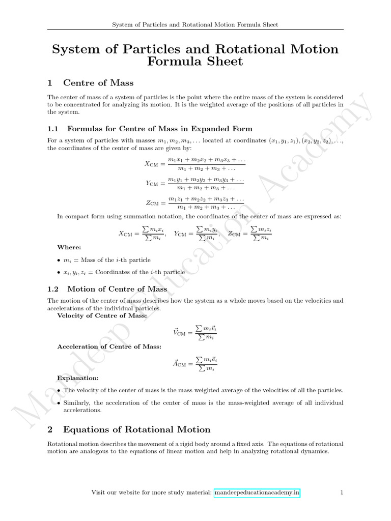 System of Particles & Rotational Motion Formulas | PDF | Rotation ...