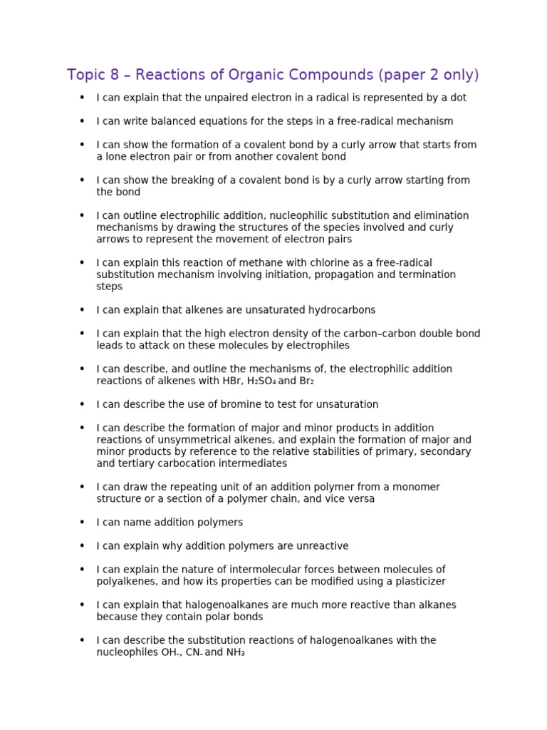 Topic 8 Reactions Of Organic Compounds Pdf Chemical Reactions