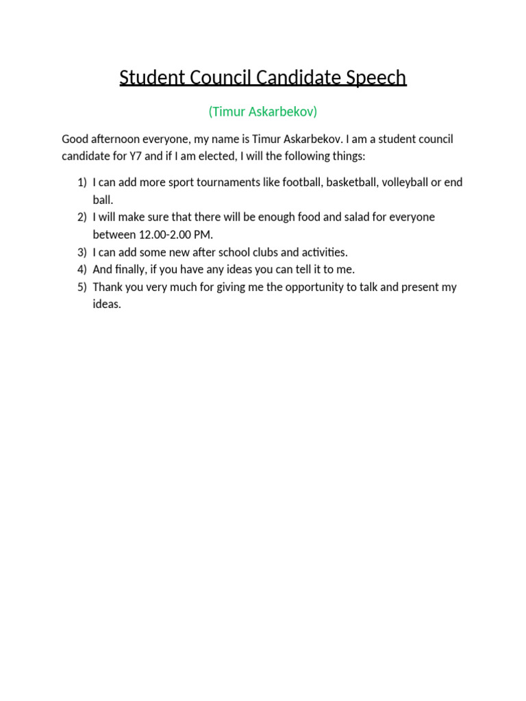 Student Council Candidate Speech | PDF