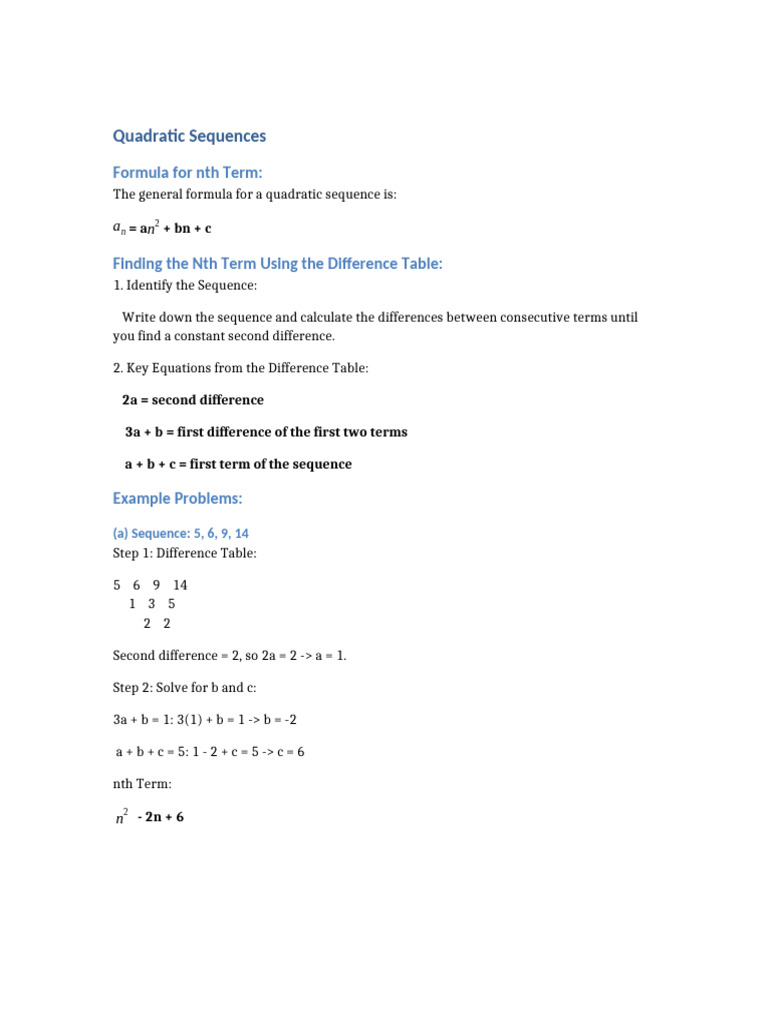 Quadratic Sequences Notes | PDF