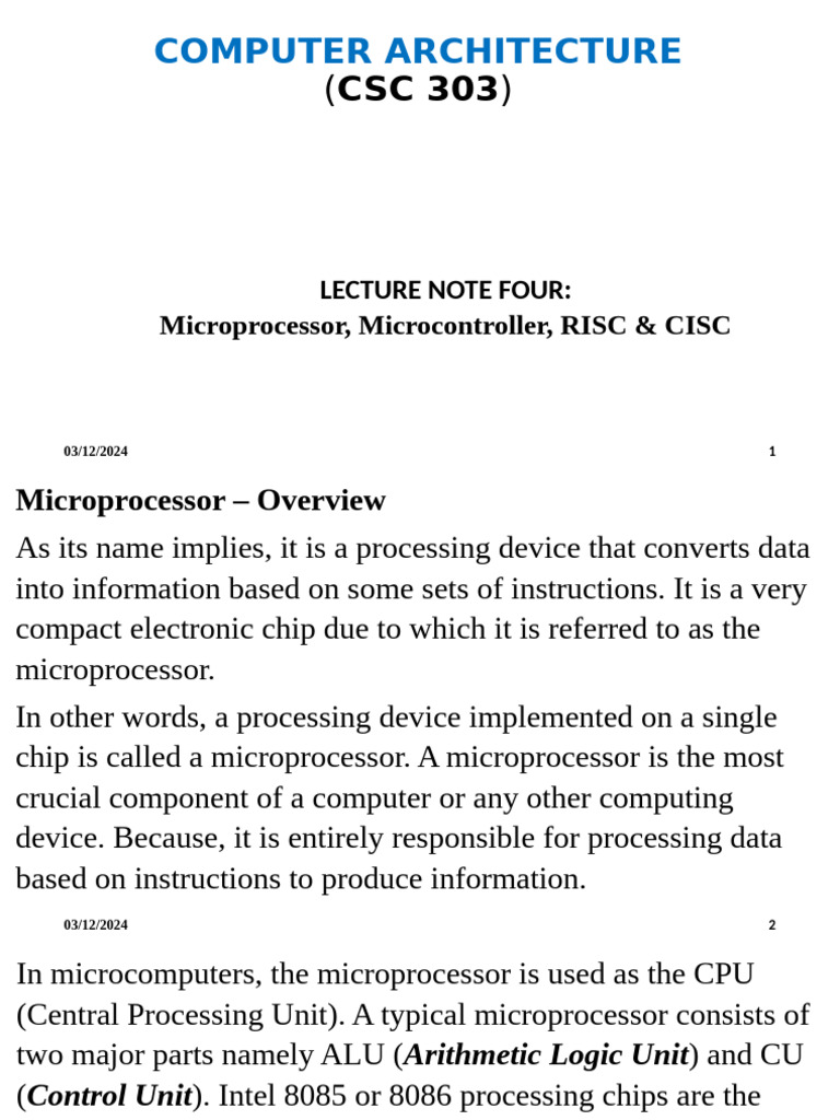 Lecture Note Four On Microprocessor RISC & CISC 03122024 | PDF | Central Processing Unit ...