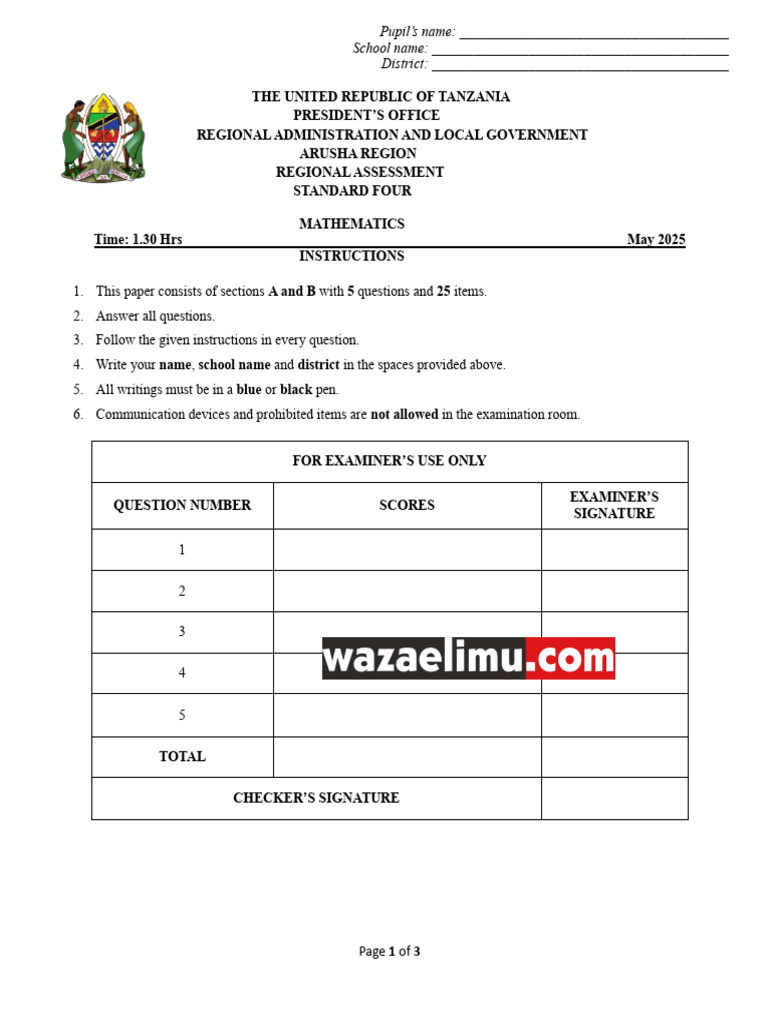 Standard Four Mathematics Exam 2025 | PDF | Mathematics | Arithmetic