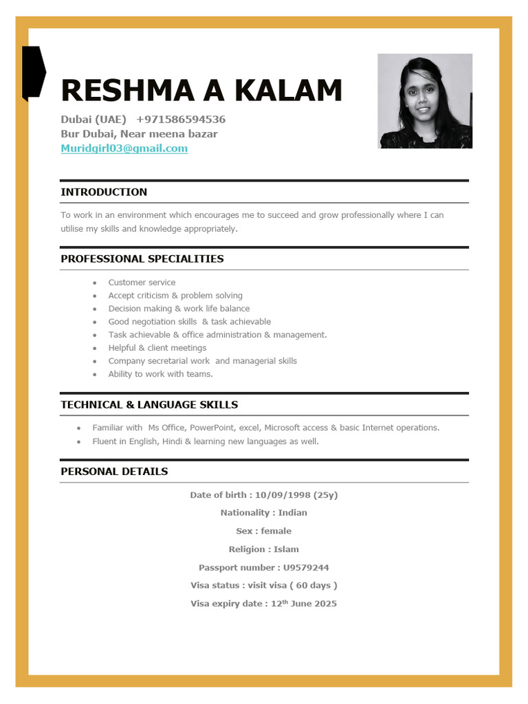 Resume Reshma Abdul Kal Am | PDF