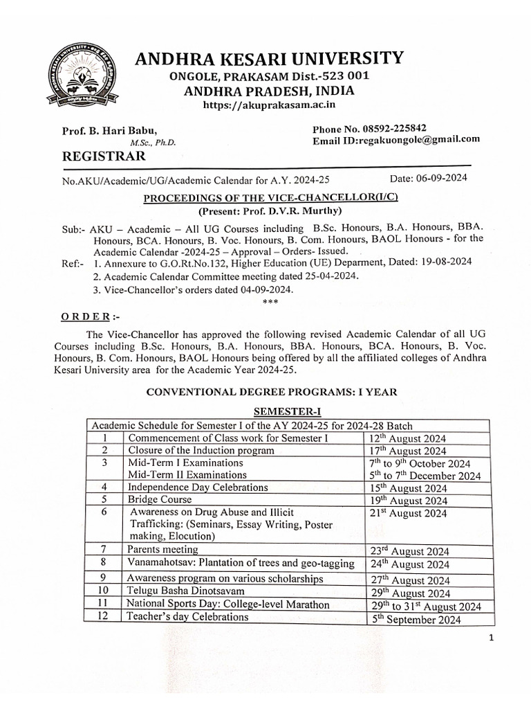 First Year UG Academic Calendar 1 | PDF