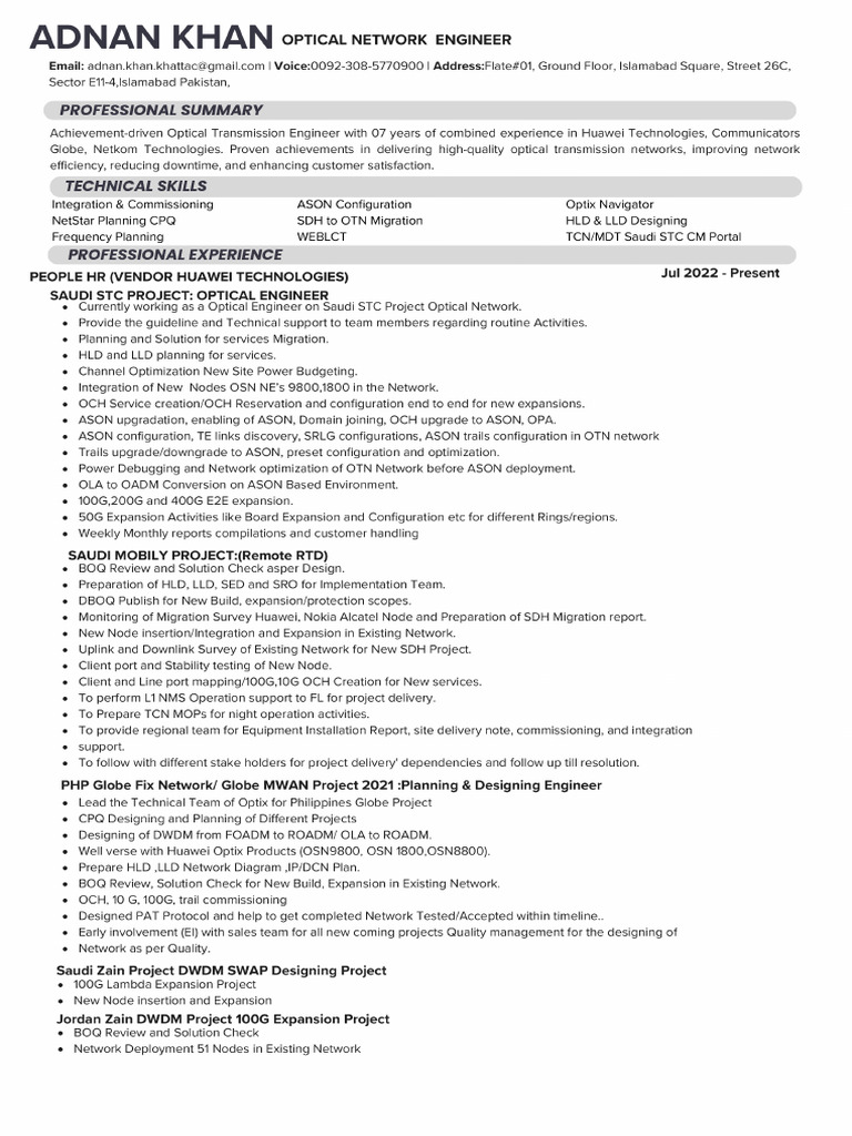 Adnan Khan Optical Network Engineer CV | PDF