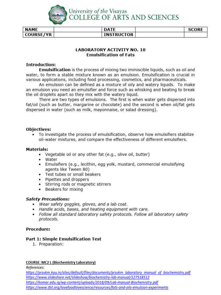 Laboratory Activity No. 10 Emulsification of Fats | PDF | Emulsion