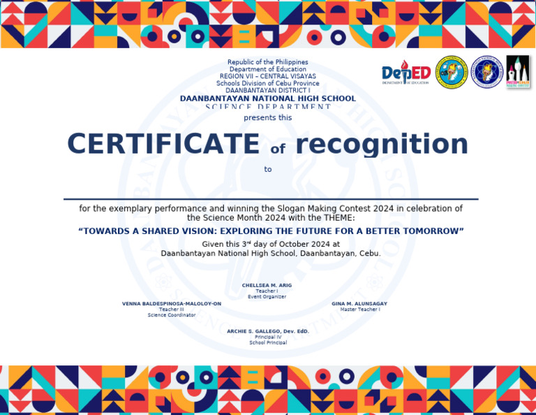 Certificate of Recognition NEW SCIENCE POSTER SLOGAN | PDF
