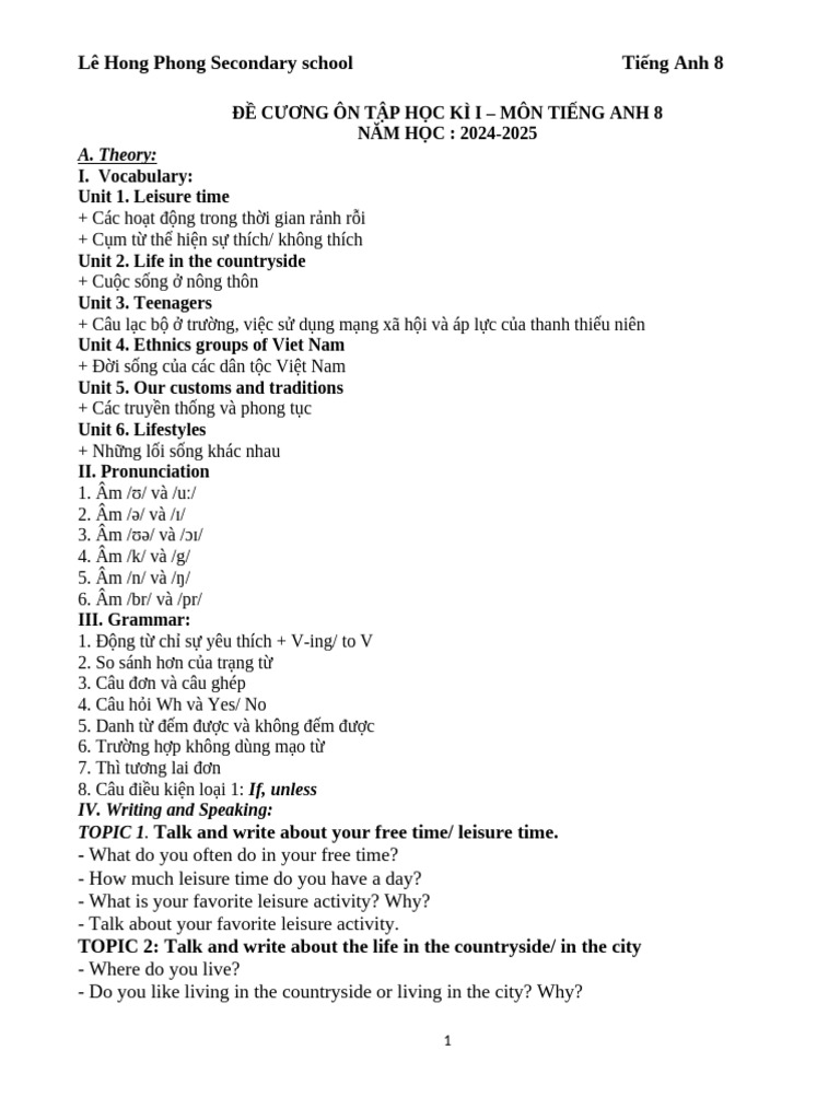 Đề Cương Anh 8 - Hki-24-25 - LHP | PDF | Vietnam