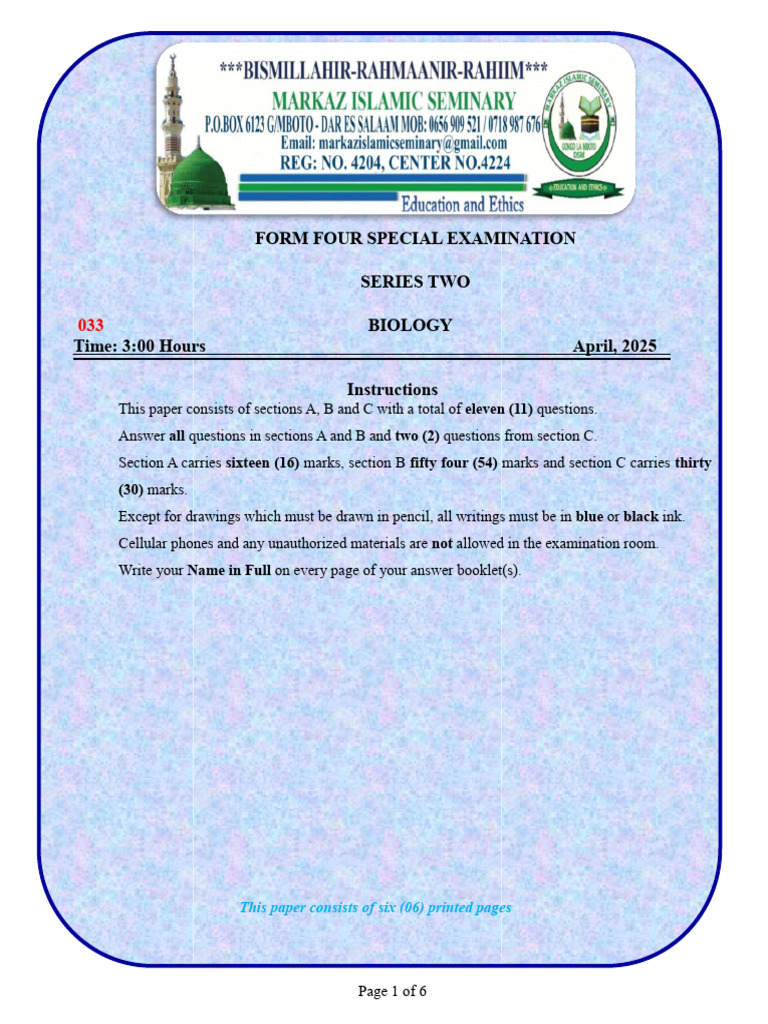 Form Four Biology Exam Paper 2025 | PDF | Organelle | Cell (Biology)