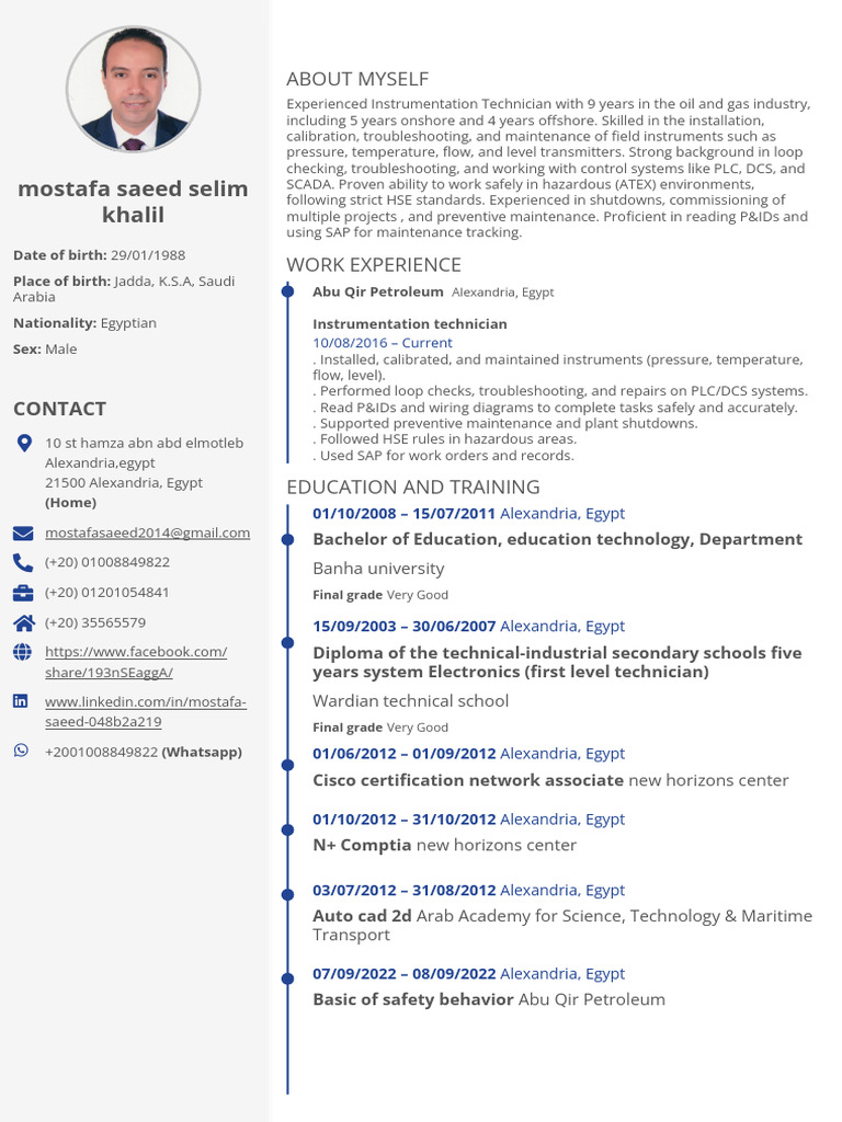 Mostafa Saeed Selim English CV | PDF | Instrumentation | Valve