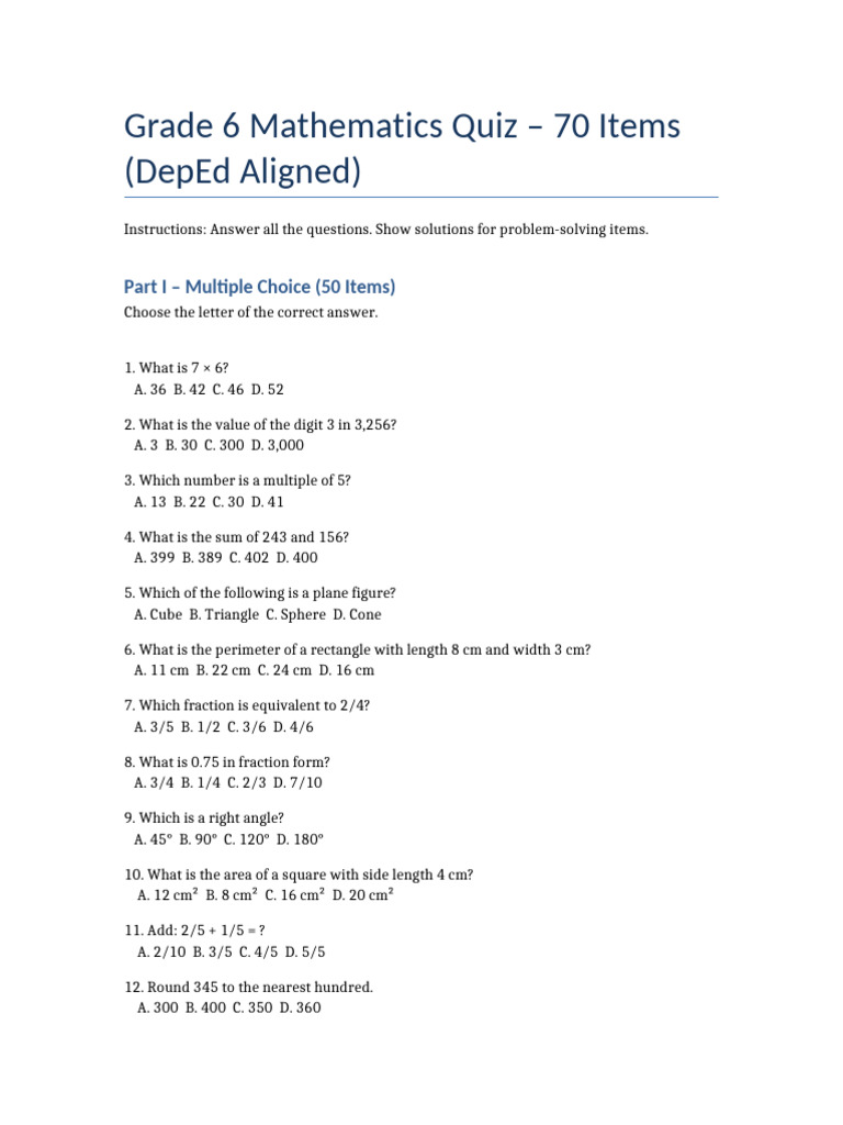 Grade 6 Math Quiz: 70 Questions | PDF | Area | Length