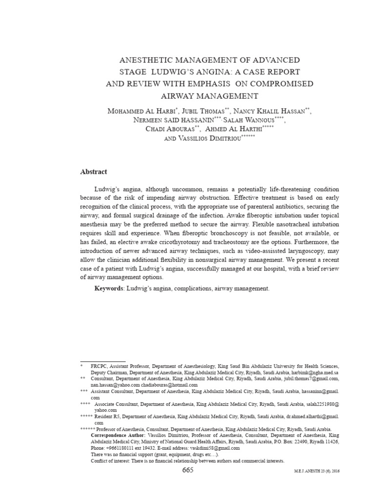 Anesthetic Management of Ludwig's Angina | PDF | Medical Specialties ...