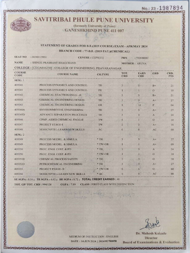 BE Marksheet | PDF