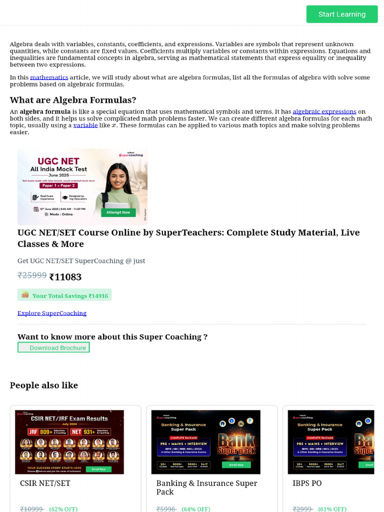 Algebra Formulas - List of All Algebra Formulas & Solved Examples | PDF