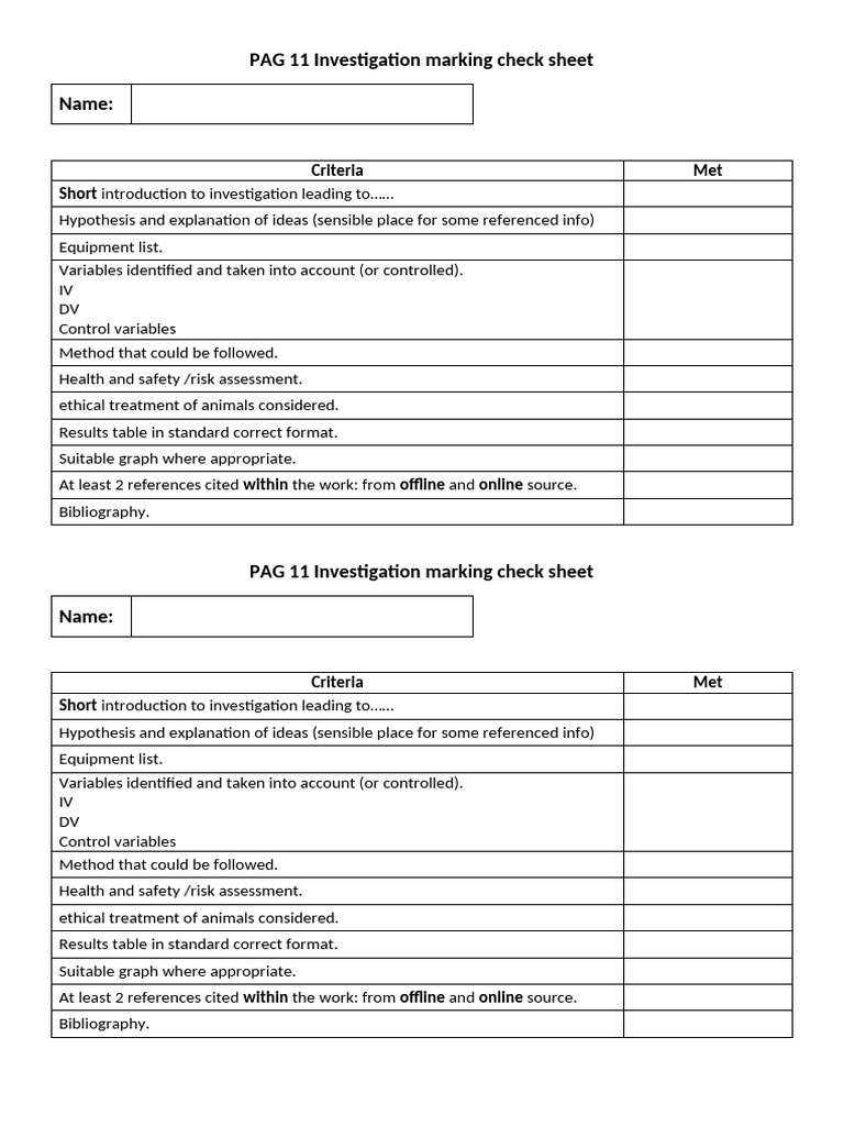PAG 11 Investigation Marking Check Sheet | PDF