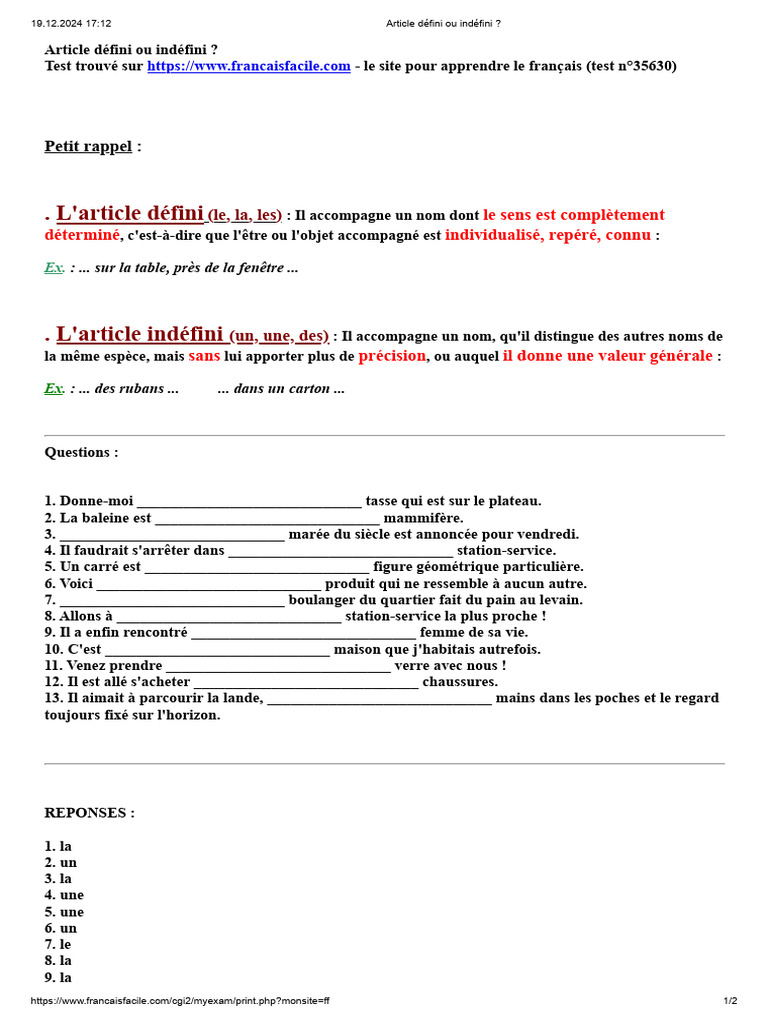 Articles définis et indéfinis : Exercices | PDF | Échecs | Théorie (échecs)