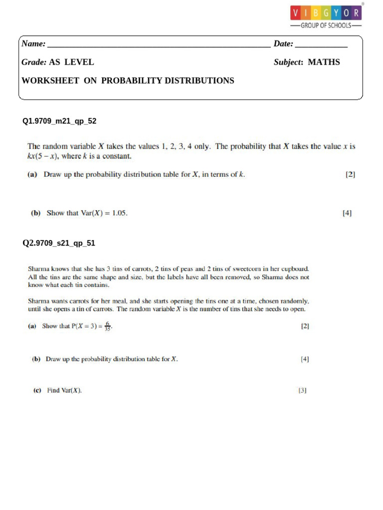 As Level Probability Distributions Worksheet Students | PDF
