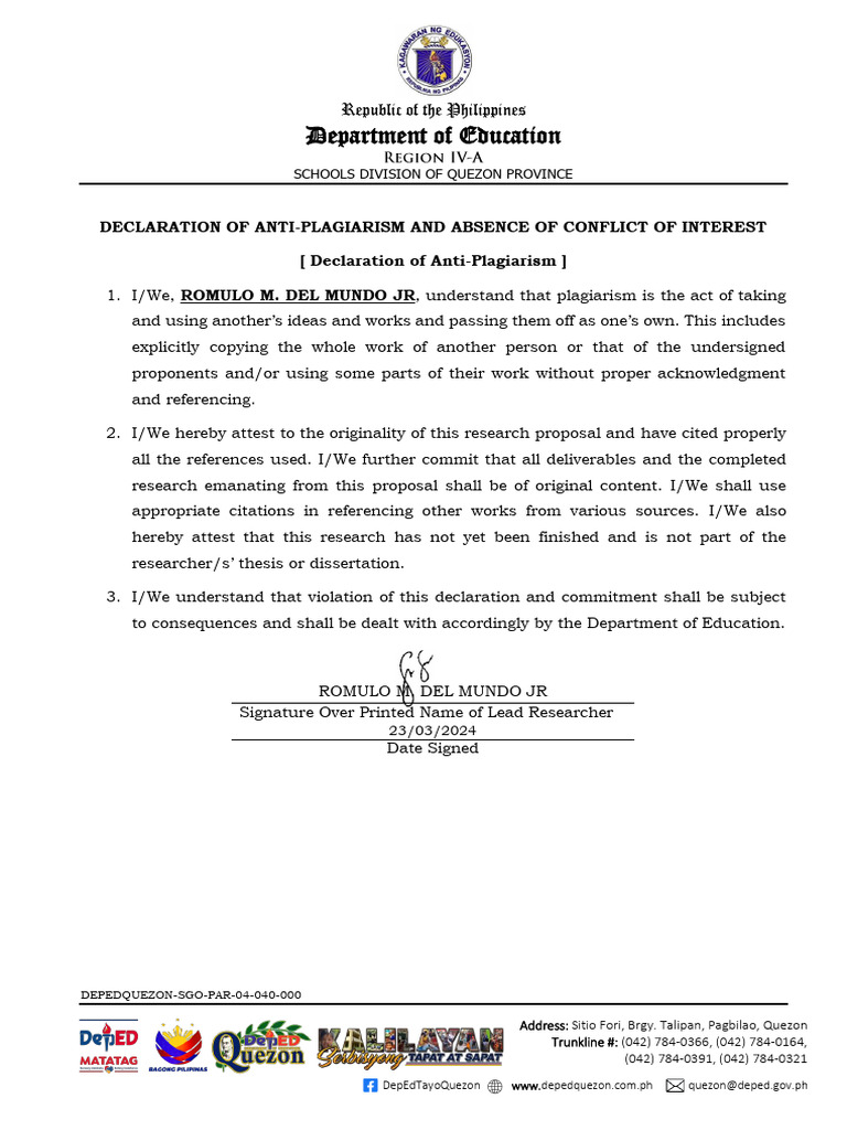 Declaration of Anti-Plagiarism and Absence of Conflict of Interest 2024 - The Numeracy Level of ...