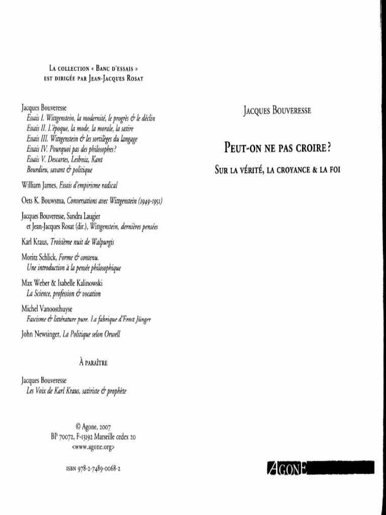 Jacques Bouveresse - Peut-On Ne Pas Croire - Sur La vÃ©ritÃ©, La Croyance Et La Foi-Agone (2007 ...