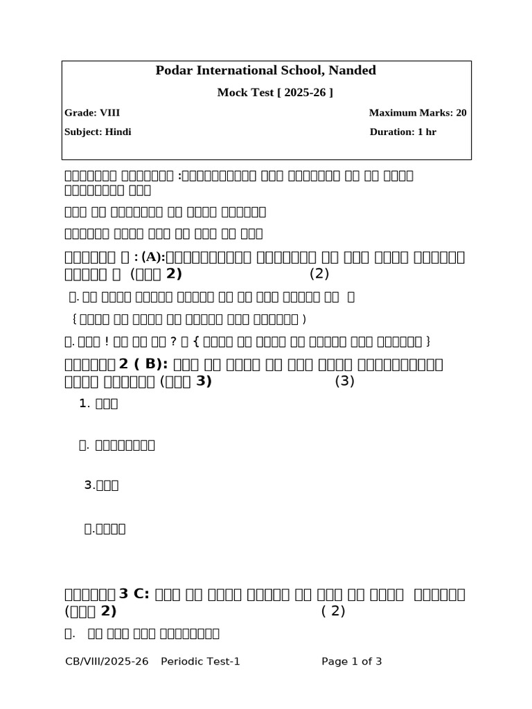 Mock Test Hindi PT 1 VIII | PDF