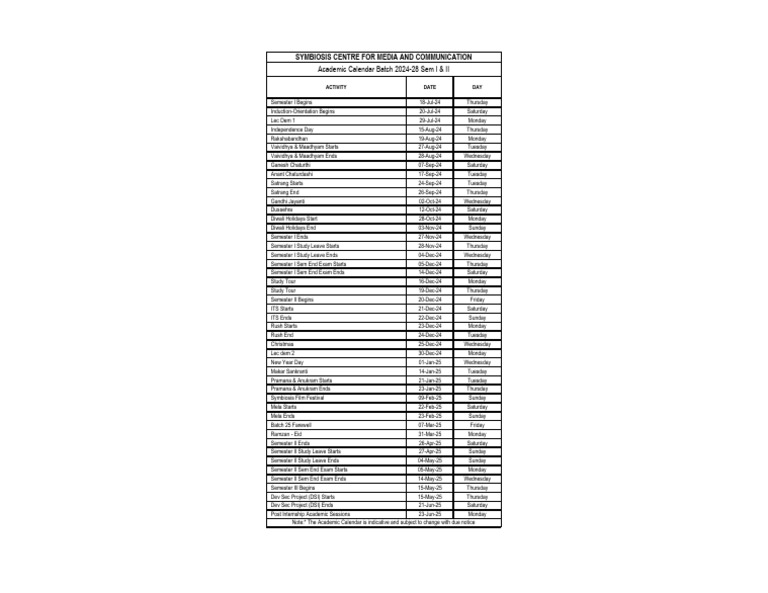 Academic Calendar AY 24 25 BT 24 28 Sem I II | PDF | Academic Term ...