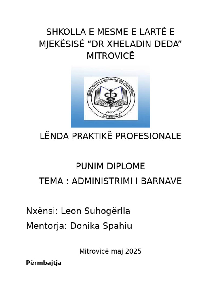 Tema e Diplomës Leon Suhogërlla Tema Administrimi I Barnave | PDF