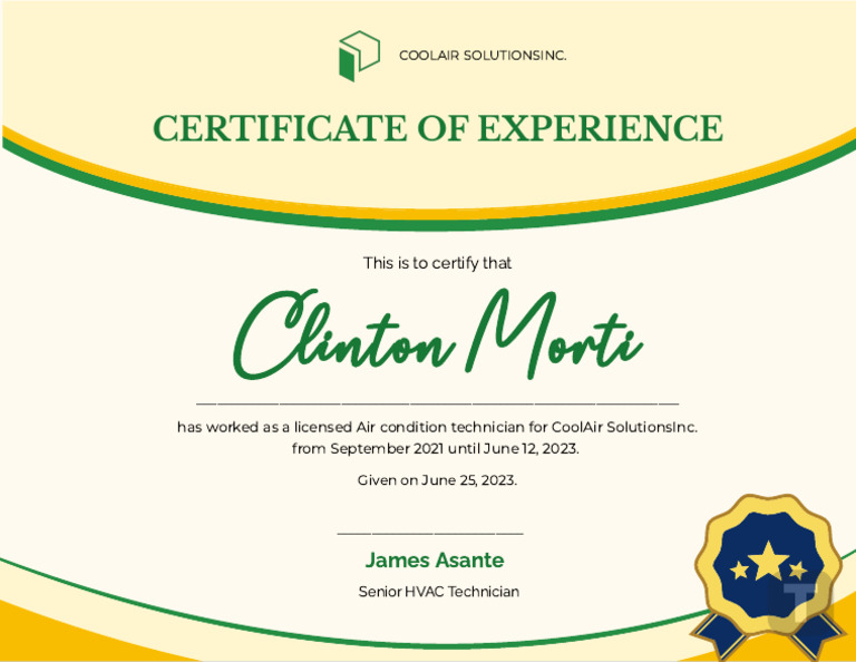 AC Technician Experience Certificate | PDF
