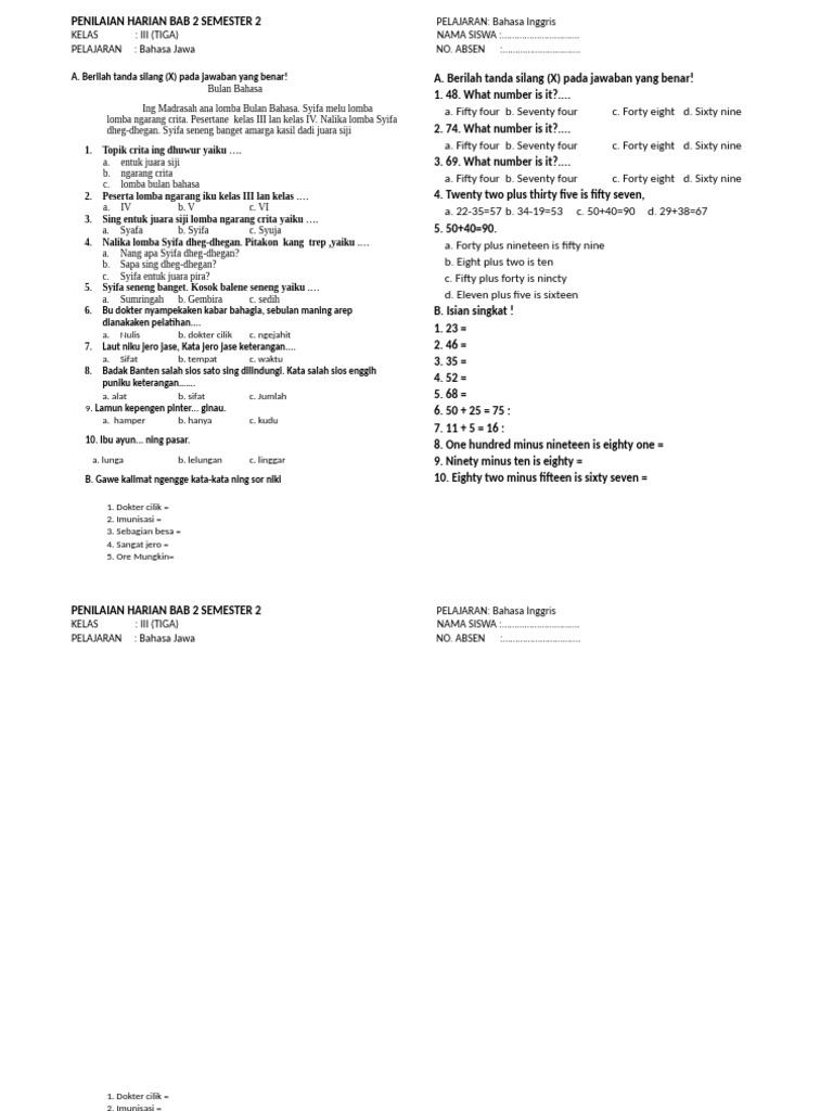 Soal Kelas 3 Semster 2 BJB Dan English | PDF