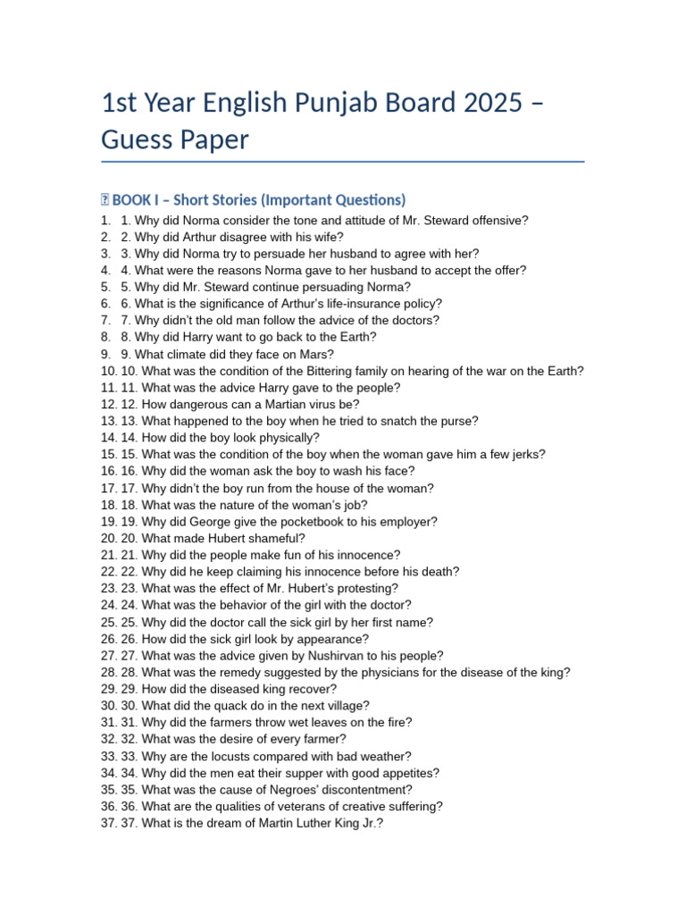 1st Year English Guess Paper 2025 | PDF