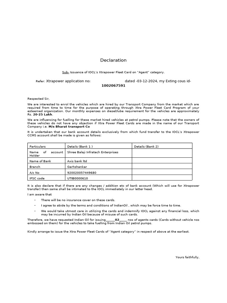 Request for IOCL Xtrapower Fleet Cards | PDF