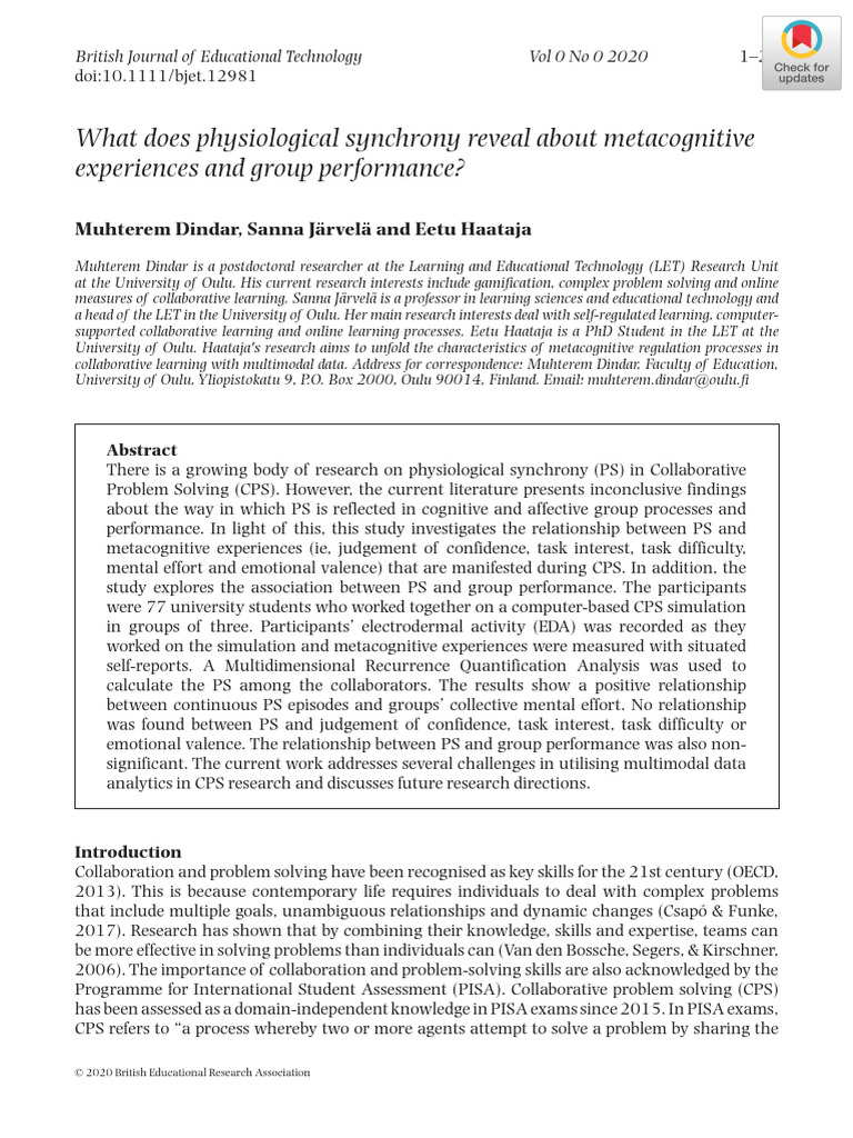 What Does Physiological Synchrony Reveal About Metacognitive Exp | PDF ...