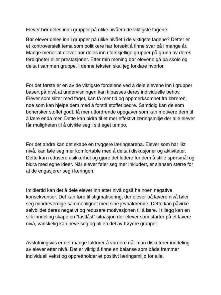 Elever Bør Deles Inn I Grupper På Ulike Nivåer I de Viktigste Fagene | PDF