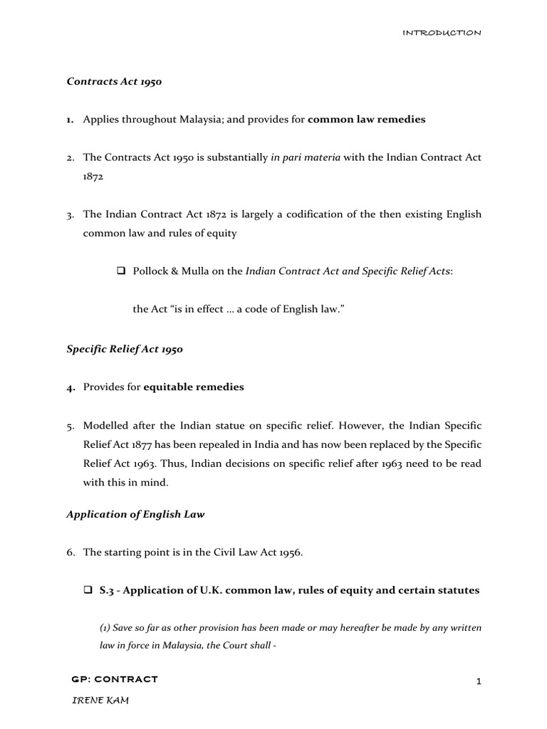 Overview of Malaysian Contract Law | PDF | English Law | Legal Remedy