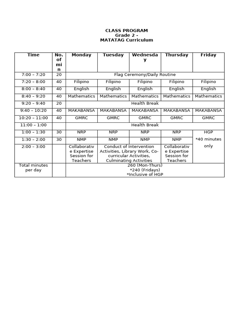 Class Program Matatag Grade 2 | PDF