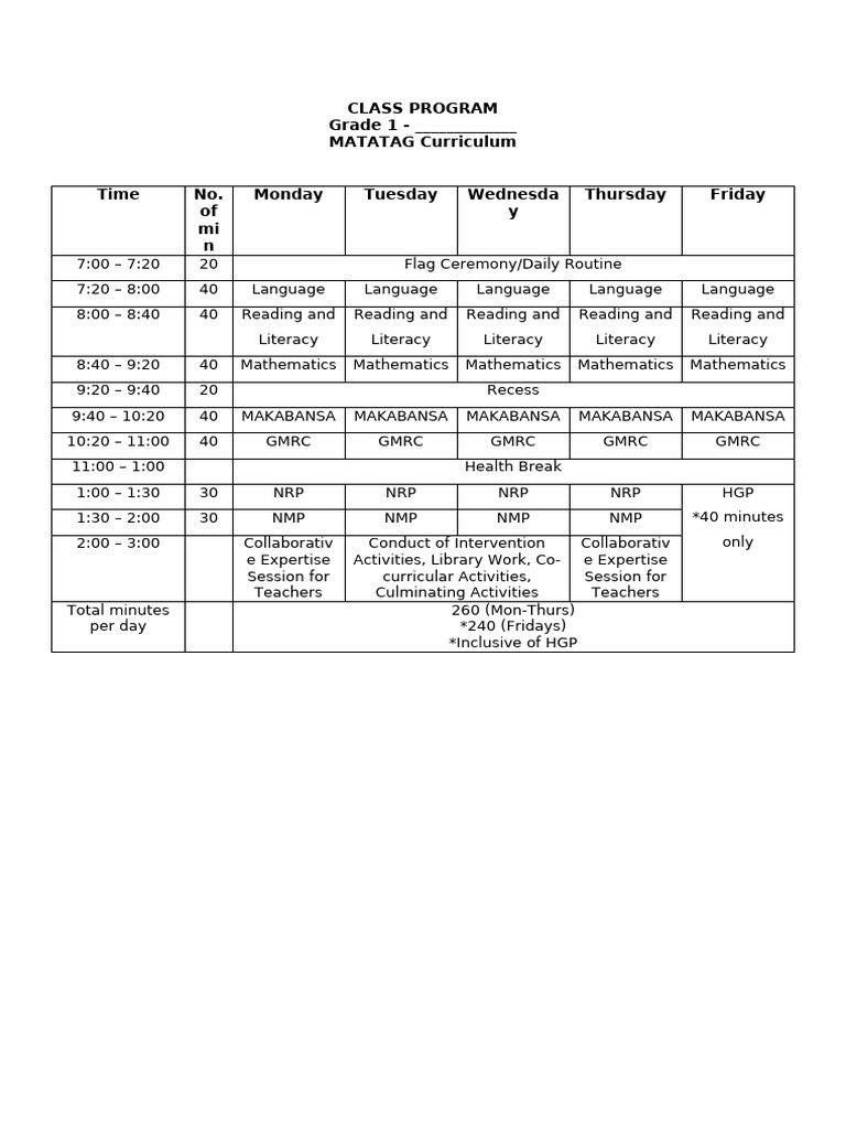 Class Program Matatag Grade 1 | PDF