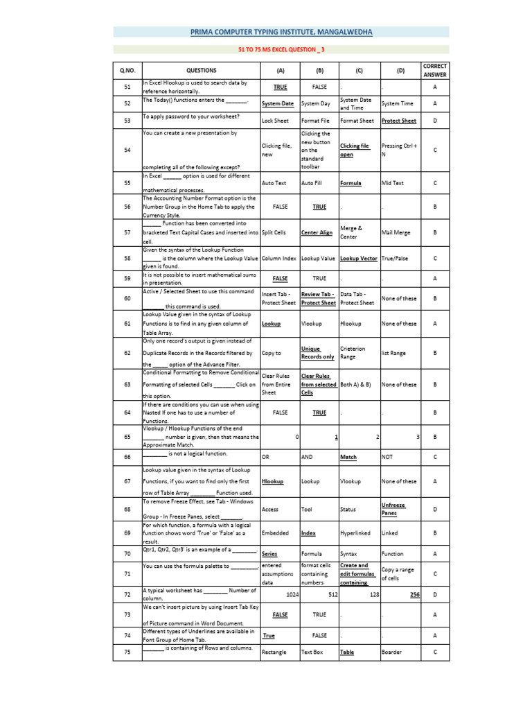 MS Excel Quiz: Questions 51-75 | PDF | Microsoft Excel | Computer ...