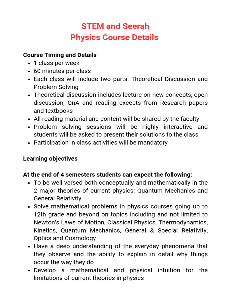 STEM and Seerah Physics Course Details | PDF | Physics | Theoretical Physics