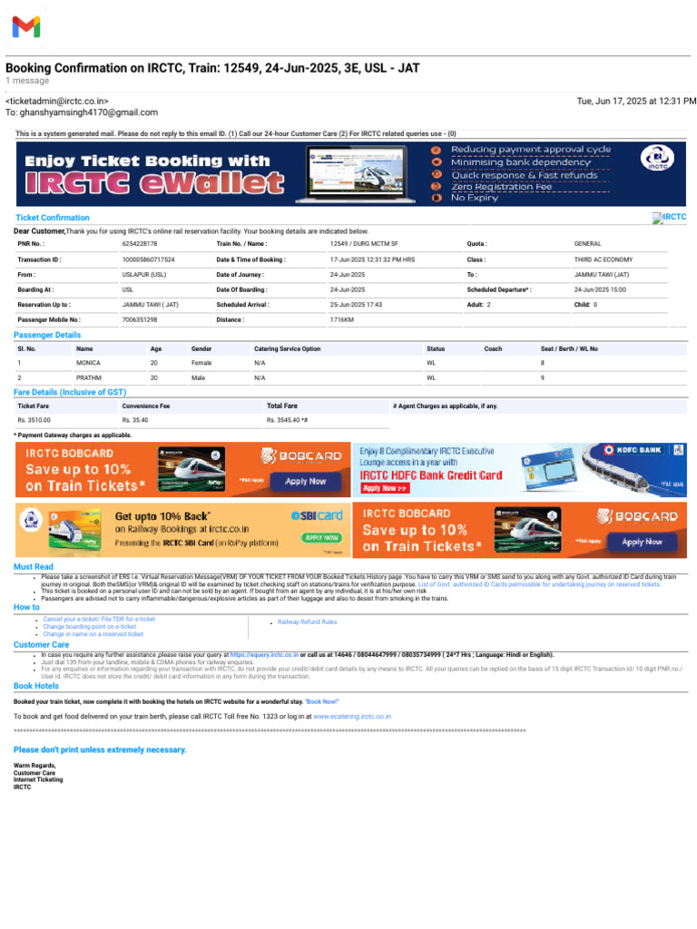 Gmail - Booking Confirmation On IRCTC, Train - 12549, 24-Jun-2025, 3E, USL - JAT | PDF | Service ...