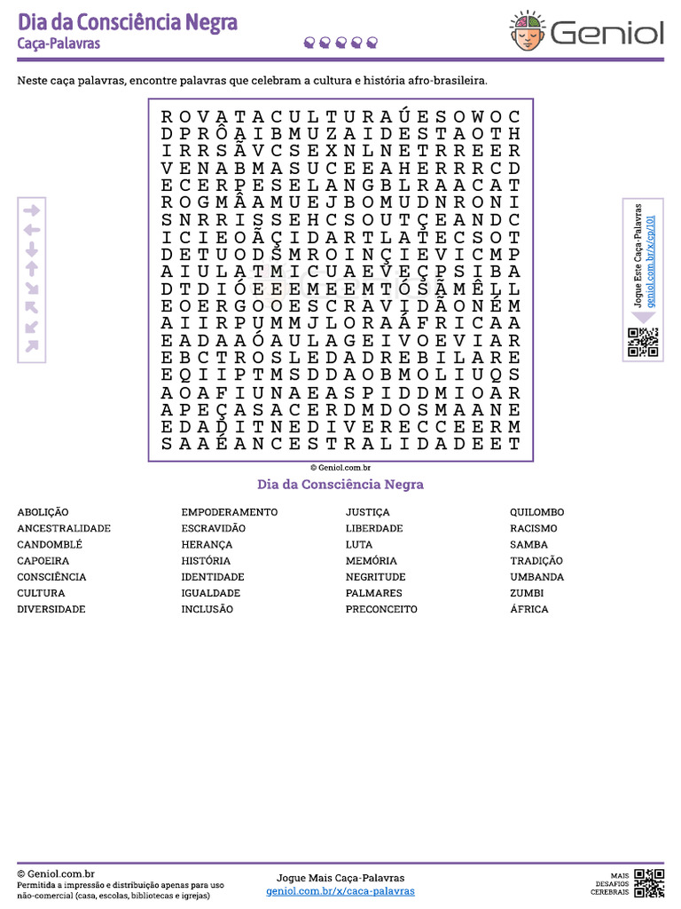 Caça Palavras Dia Da Consciencia Negra | PDF